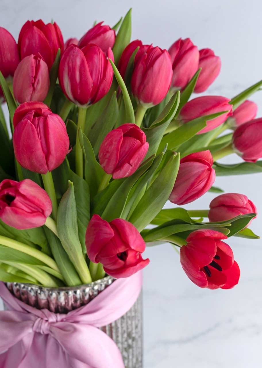 40 tulipanes rojos en jarrón platinado